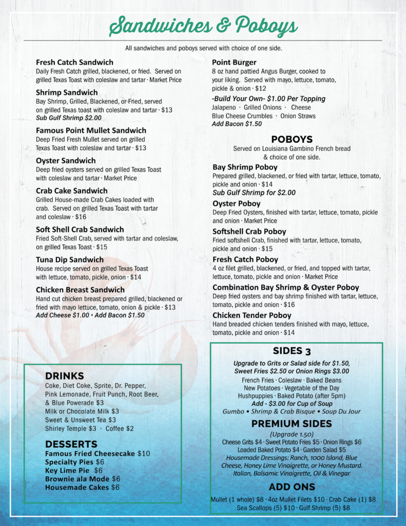 Menu – The Point Restaurant – Perdido